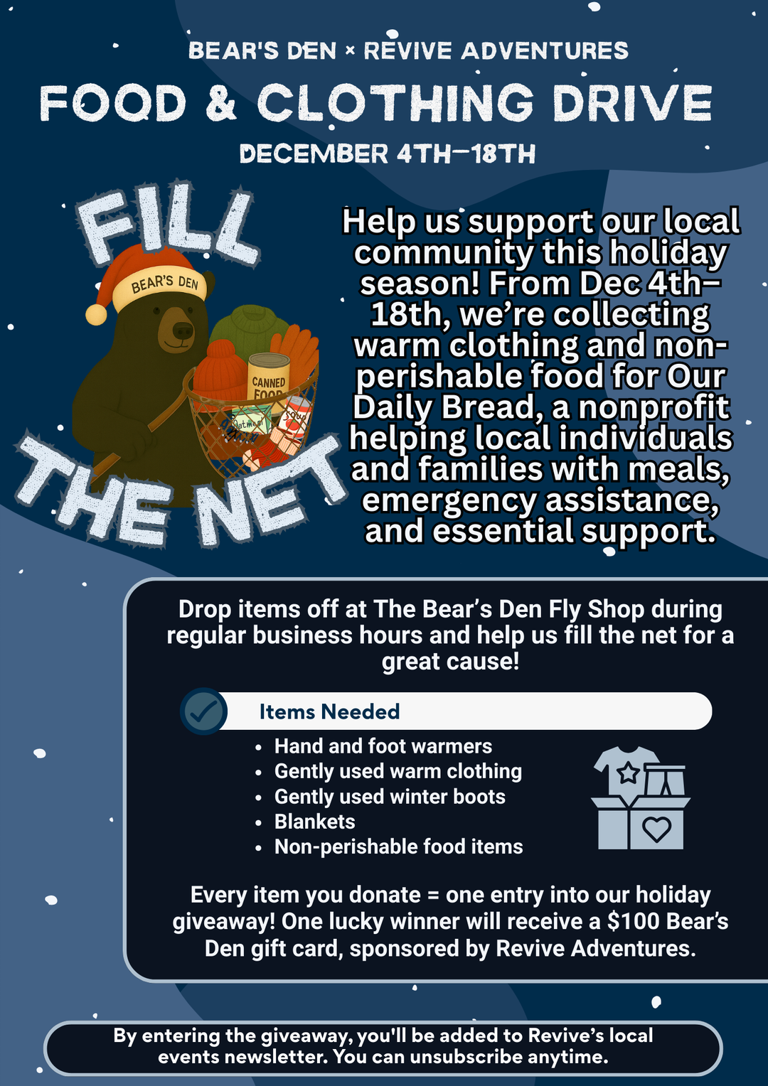 Food & Clothing Drive Dec 4-18, 2025 – Bear's Den Fly Fishing Co.